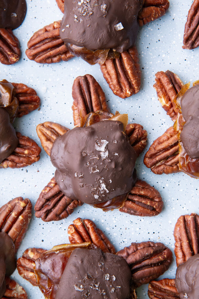 Chocolate Turtles with Pecans and Dates Recipe | The Feedfeed