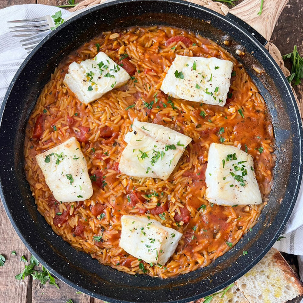 Mediterranean Fish with Orzo & Tomatoes | HEART-HEALTHY One Pan Recipe ...