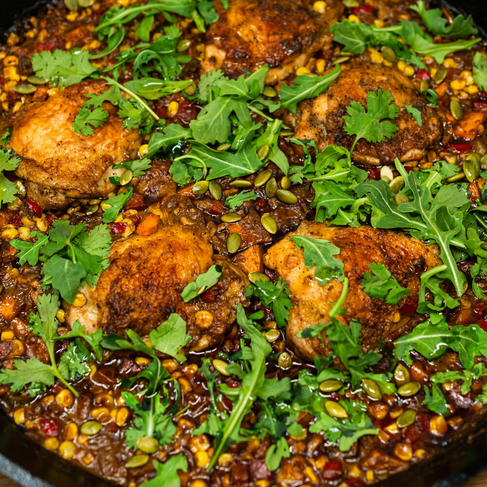 Corn and Serrano Chicken Mole Skillet Recipe | The Feedfeed