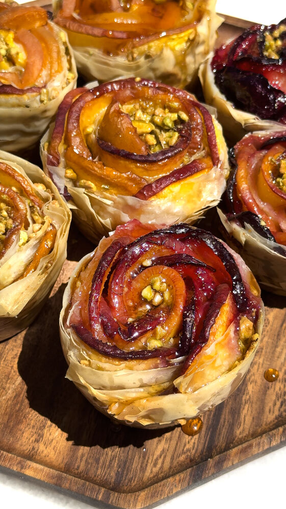 Peach and Plum Phyllo Roses with Pistachios Recipe | The Feedfeed