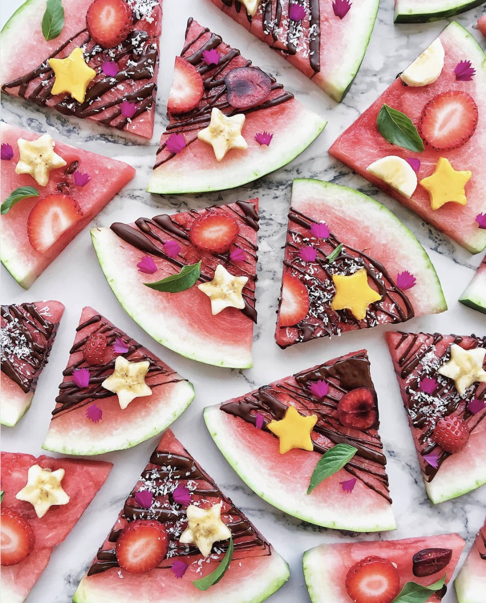 Chocolate Drizzled Watermelon with Fruit Toppings Recipe | The Feedfeed