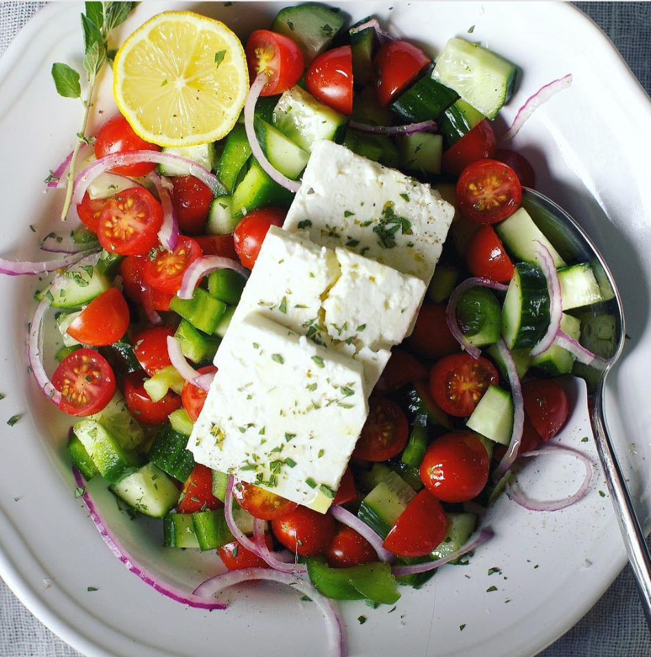Block Feta Greek Salad with Tomatoes and Cucumber Recipe | The Feedfeed