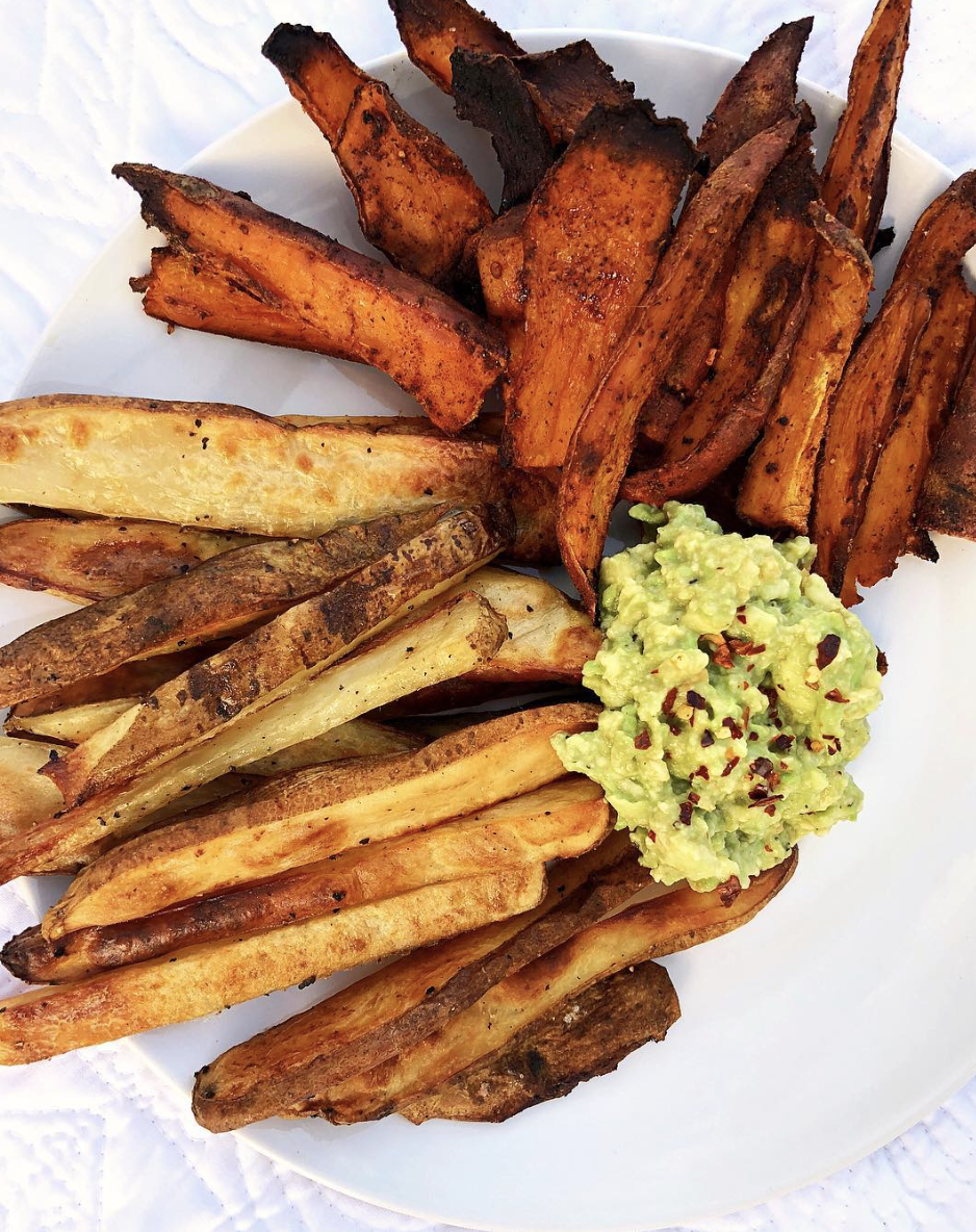 Baked French Fries with Salsa-Guacamole Recipe | The Feedfeed