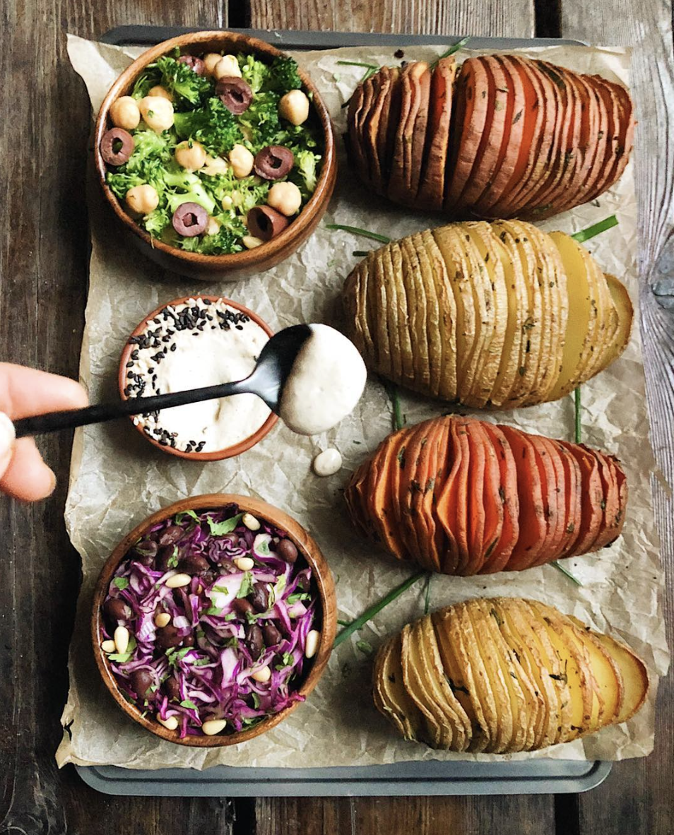 Roasted Hasselback Potatoes with Vegan Sour Cream and Cabbage Salad ...
